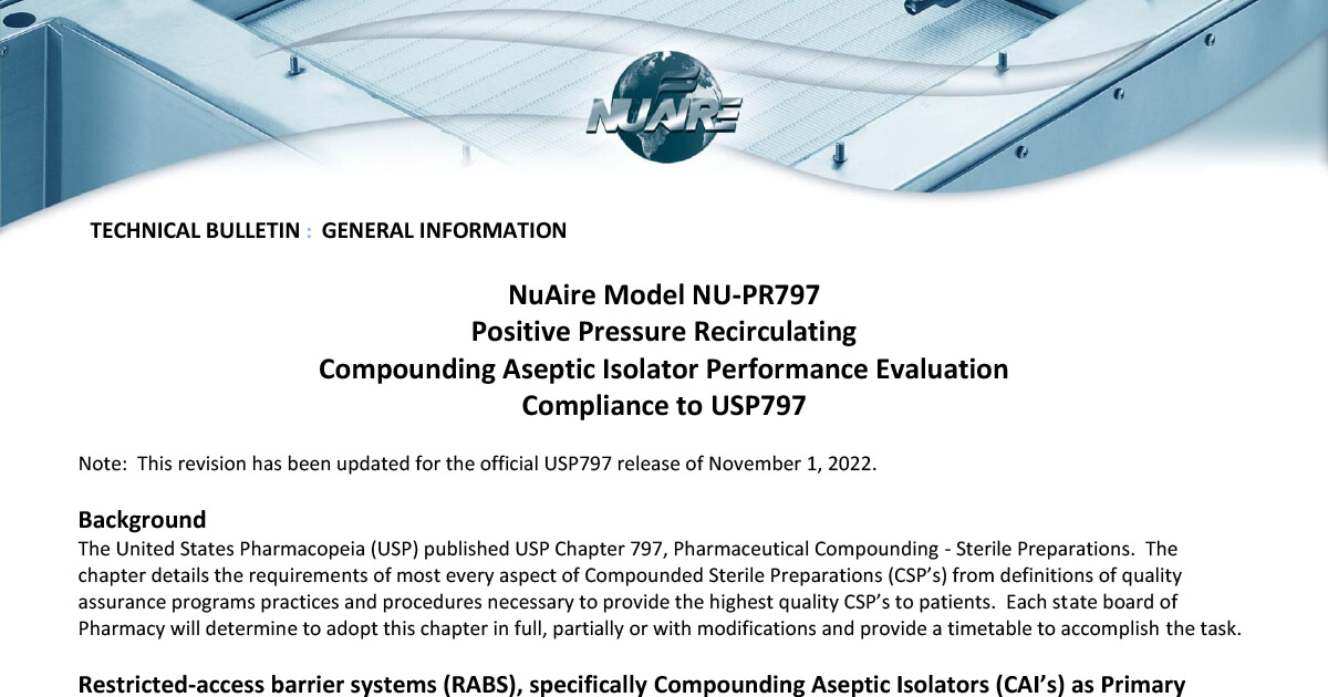 NU-PR797 Performance Evaluation for Compliance to USP797 | NuAire