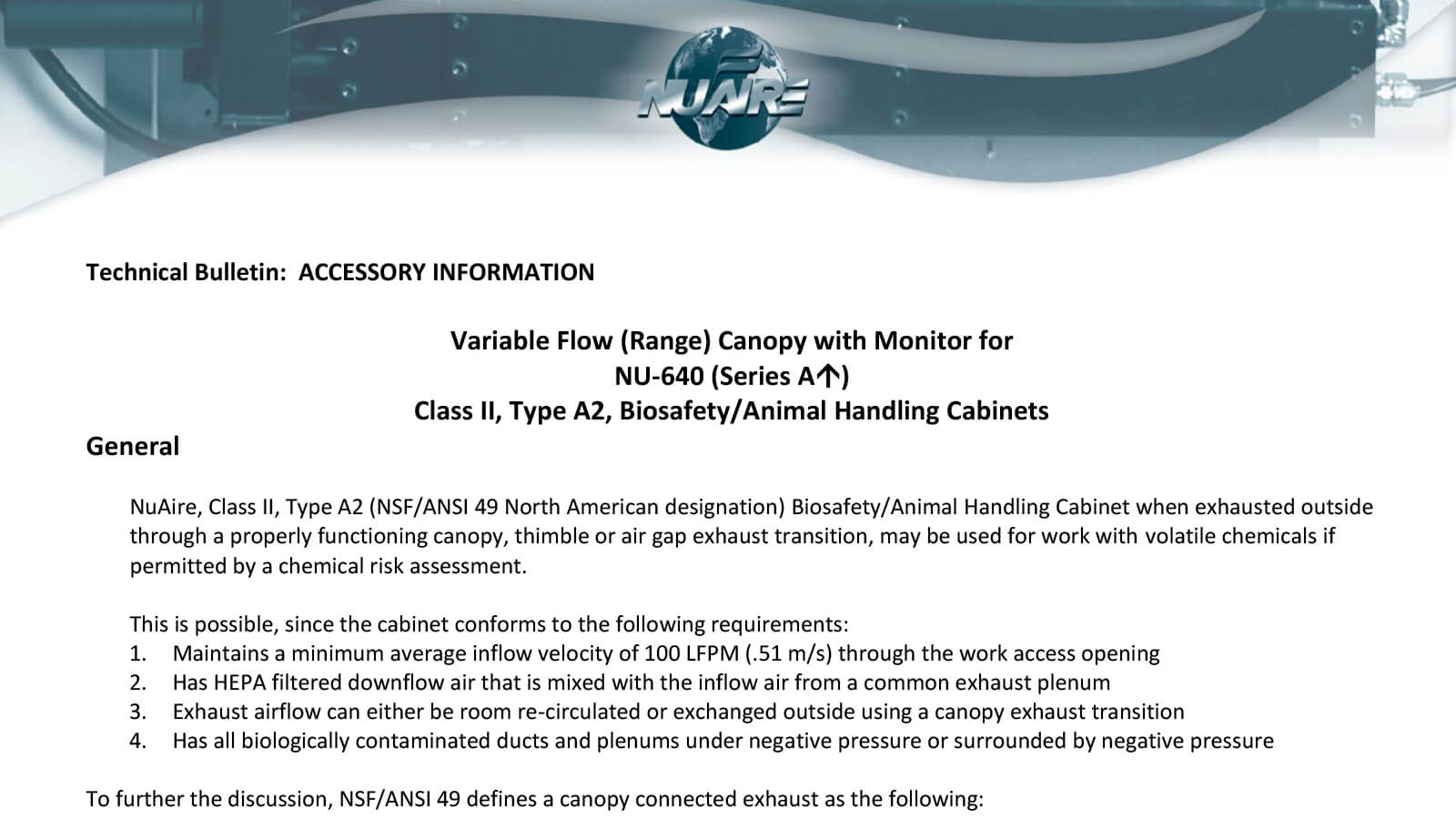 Variable Flow Canopy for NU-640 Cabinets | NuAire